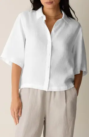 Eileen Fisher Organic Linen Button-up Shirt With Elbow Sleeves - White