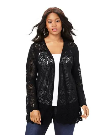 Roaman's Bell Sleeve Pointelle Cardigan Black