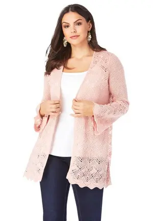 Roaman's Bell Sleeve Pointelle Cardigan With Scalloped Trim - Soft Blush