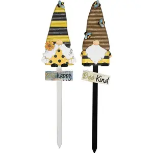 NORTHLIGHT Bee Gnomes Wooden Garden Stakes24"set Of 2 - Yellow