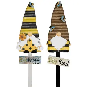 NORTHLIGHT Bee Gnomes Wooden Garden Stakes24"set Of 2