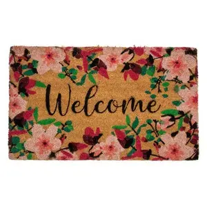NORTHLIGHT Natural Coir Blossoming Floral Outdoor Rectangular "welcome" Doormat 18" X 30 - Brown