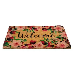 NORTHLIGHT Natural Coir Blossoming Floral Outdoor Rectangular "welcome" Doormat 18" X 30