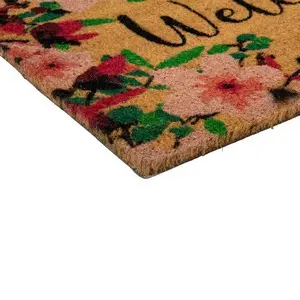 NORTHLIGHT Natural Coir Blossoming Floral Outdoor Rectangular "welcome" Doormat 18" X 30