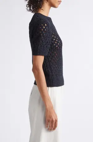 Vince Boxy Honeycomb Knit Short Sleeve Sweater - Black