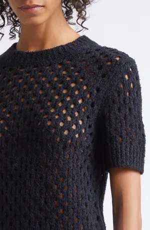 Vince Boxy Honeycomb Knit Short Sleeve Sweater - Black