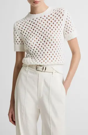 Vince Boxy Honeycomb Knit Short Sleeve Sweater - Optic White