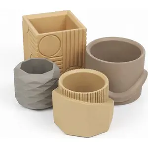 JONATHAN Y Romy Modern Minimalist Handmade Concrete Geometric Planter Set With Drainage Holes - Terra