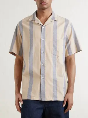 Portuguese Flannel Lousada Camp-collar Embroidered Striped Cotton Shirt - Neutrals