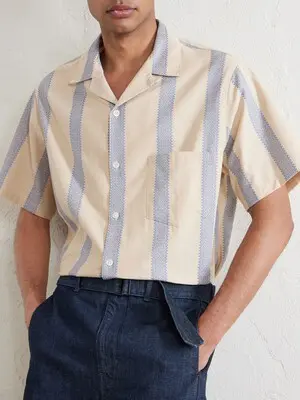 Portuguese Flannel Lousada Camp-collar Embroidered Striped Cotton Shirt - Neutrals