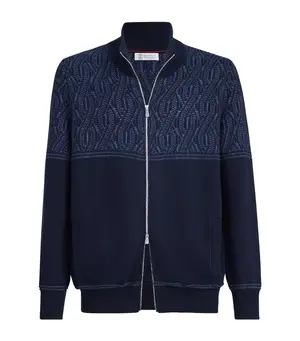 Brunello Cucinelli Cotton Geometric Jacquard Cardigan - Blue