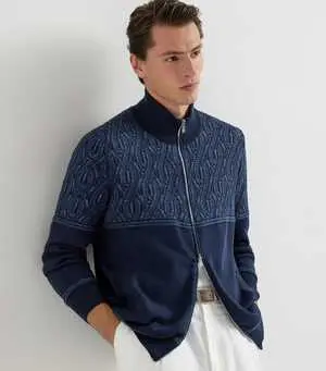 Brunello Cucinelli Cotton Geometric Jacquard Cardigan - Blue