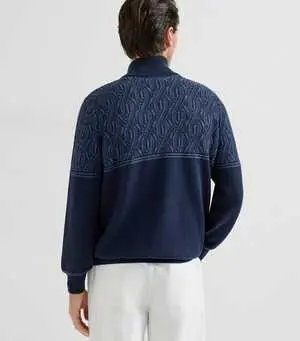 Brunello Cucinelli Cotton Geometric Jacquard Cardigan - Blue