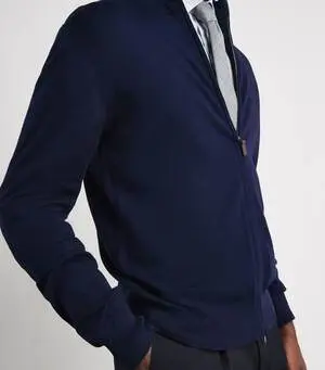 Eton Cotton Zip Up Cardigan - Blue