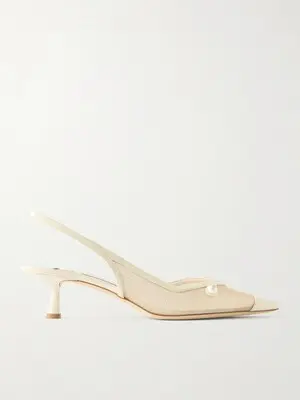 JIMMY CHOO Amita 45 Embellished Patent-leather Trimmed Metallic Mesh Slingback Pumps - Neutrals
