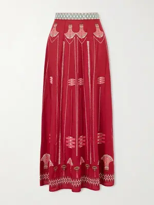 EMPORIO SIRENUSE Embroidered Linen And Cotton-blend Maxi Skirt - Red
