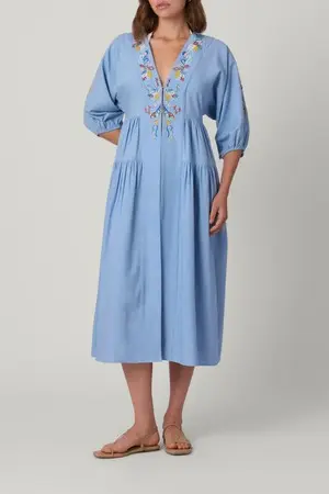 Shoshanna Embroidered Linen Evora Midi Coverup - Blue