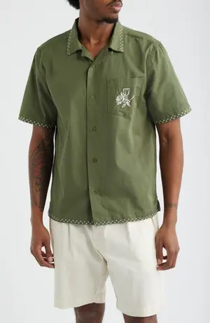 SERVICE WORKS Border Embroidered Short Sleeve Button-up Shirt - Olive