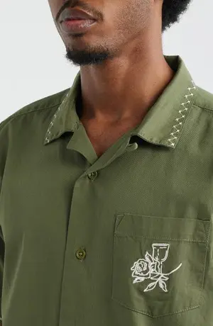 SERVICE WORKS Border Embroidered Short Sleeve Button-up Shirt - Olive