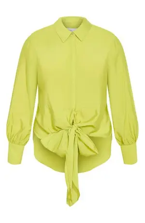 City Chic Tie Hem Button-up Shirt - Chartreuse