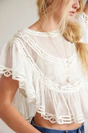 Free People Cropped Lace Trimmed Top - Ivory