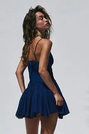 Free People Cotton Mini Dress With Lace Trim - Poseidon