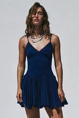 Free People Cotton Mini Dress With Lace Trim - Poseidon