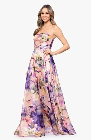 Betsy & Adam Floral Strapless Organza Gown