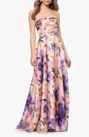 Betsy & Adam Floral Strapless Organza Gown