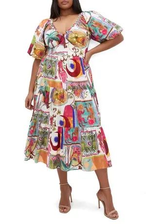 City Chic Simona Print Fit & Flare Midi Dress - Dreamscape B