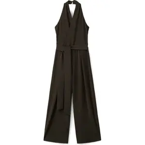 Mango Halter Tie Waist Wide Leg Jumpsuit - Brown