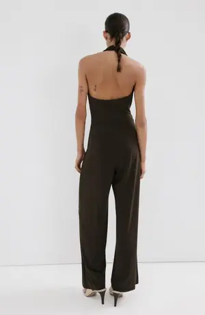 Mango Halter Tie Waist Wide Leg Jumpsuit