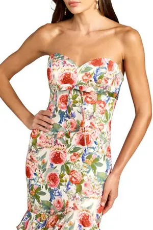 Mac Duggal Strapless Floral Charmeuse Ruffle A-line Gown