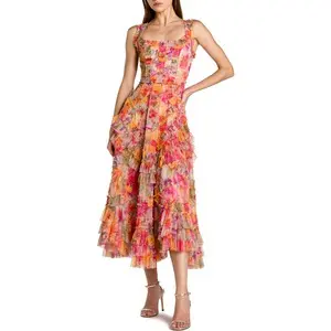 Mac Duggal Floral Scoop Neck A-line Midi Dress - Multi