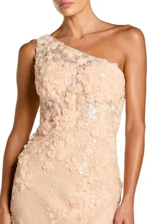 Mac Duggal One-shoulder Floral Embroidered Column Gown - Peach