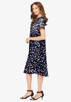 Roaman's Short Sleeve V-neck Fit & Flare Dress - Black