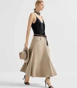 Brunello Cucinelli Cotton-linen Midi Skirt - Brown