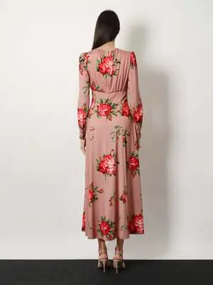 Dolce & Gabbana Long Silk Dress With Rose Bouquet Print - Multicolor