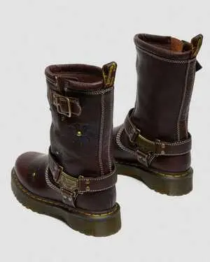 Dr. Martens Anistone Hi Flower Leather Biker Boots - Brown