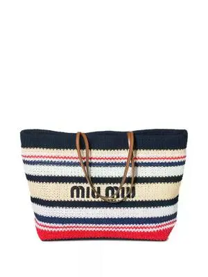 Miu Miu Raffia-effect Woven Tote Bag With Embroidered Logo - Blue
