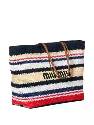Miu Miu Raffia-effect Woven Tote Bag With Embroidered Logo - Blue