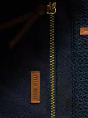 Miu Miu Raffia-effect Woven Tote Bag With Embroidered Logo - Blue