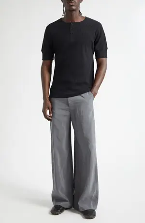LEMAIRE Cotton & Linen Blend Rib Henley - Black