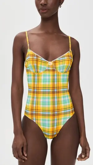 Solid & Striped The Taylor Piece Plaid One-piece Swimsuit With Lace Trim - Multi Plaid