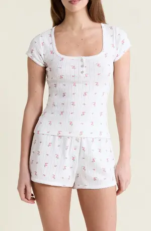 ETAM Katell Pointelle Cotton Pajama Top - Ecru/pink