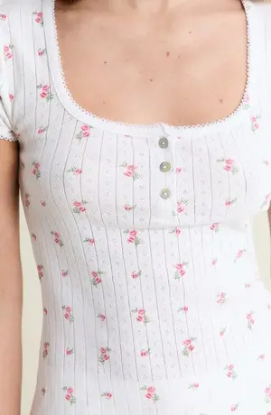 ETAM Katell Pointelle Cotton Pajama Top - Ecru/pink
