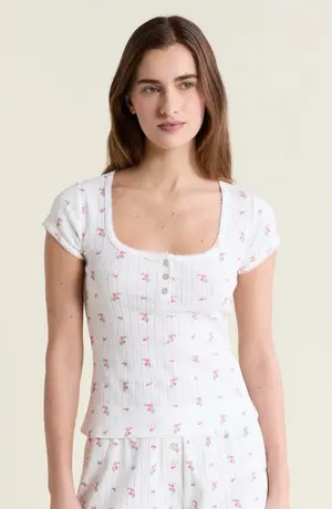 ETAM Katell Pointelle Cotton Pajama Top - Ecru/pink
