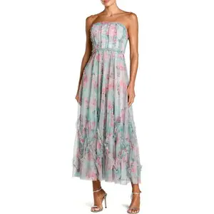 Mac Duggal Ankle Length Strapless Floral Ruffle Gown - Aqua Multi