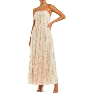 Mac Duggal Ankle Length Strapless Floral Ruffle Gown - Ivory Multi