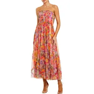 Mac Duggal Ankle Length Strapless Floral Ruffle Gown - Multi